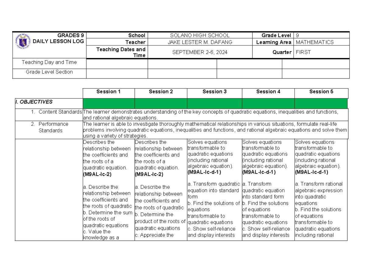 DLL Grade 9 WEEK 6 - DLL - GRADES 9 DAILY LESSON LOG School SOLANO HIGH ...