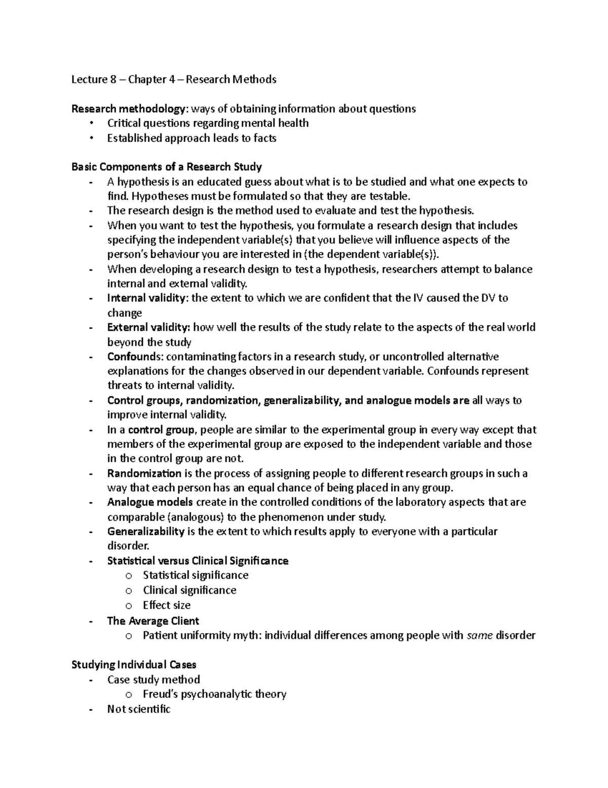 Lecture 8 Notes - Lecture 8 – Chapter 4 – Research Methods Research ...