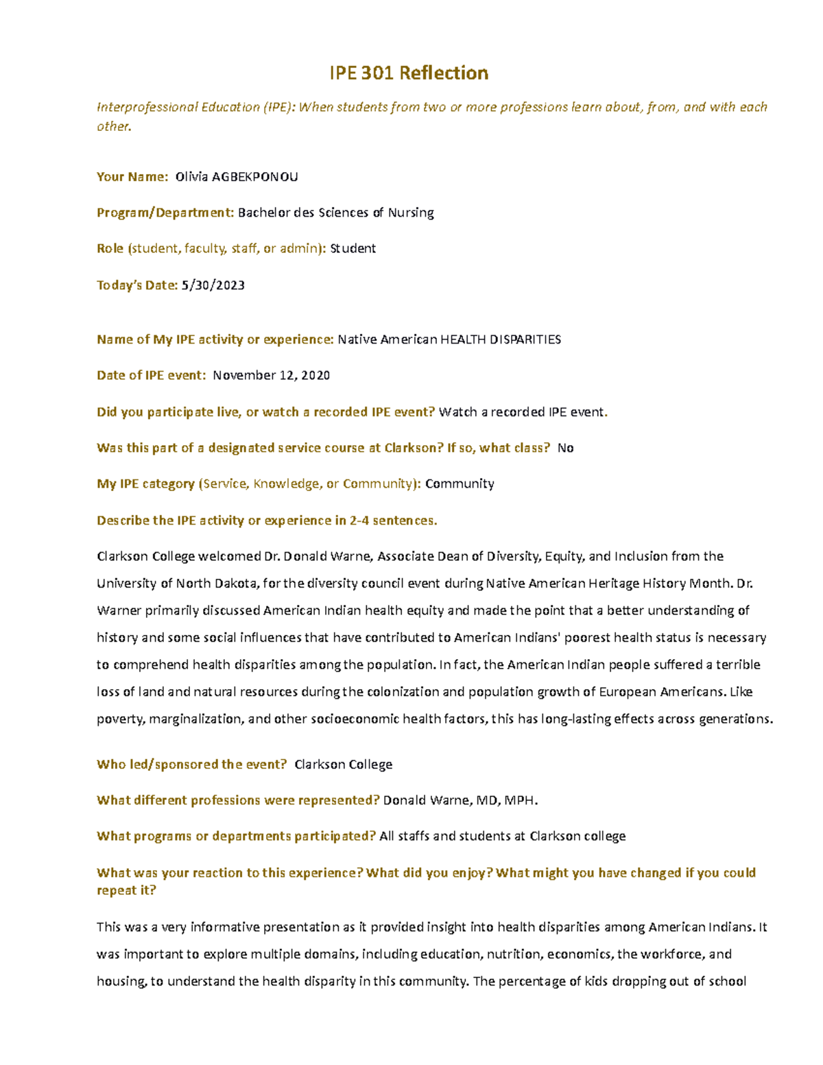 My IPE Reflection Services - IPE 301 Reflection Interprofessional ...