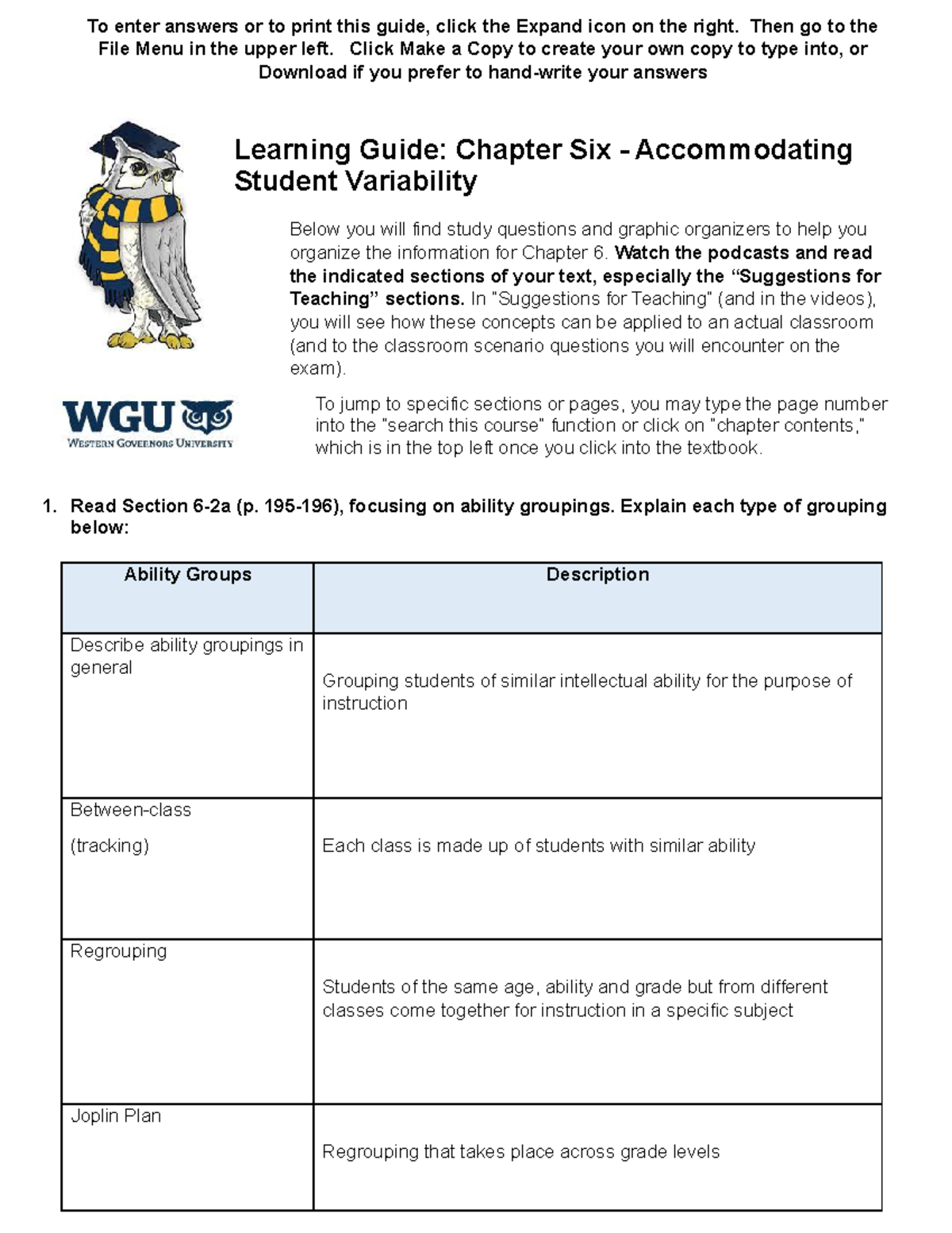 Copy of Chapter 6 Learning Guide - To enter answers or to print this ...