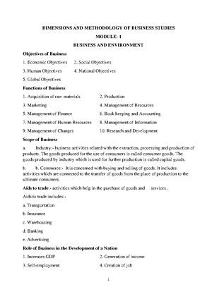 Dimensions AND Methodology OF Business Studies - DIMENSIONS AND ...