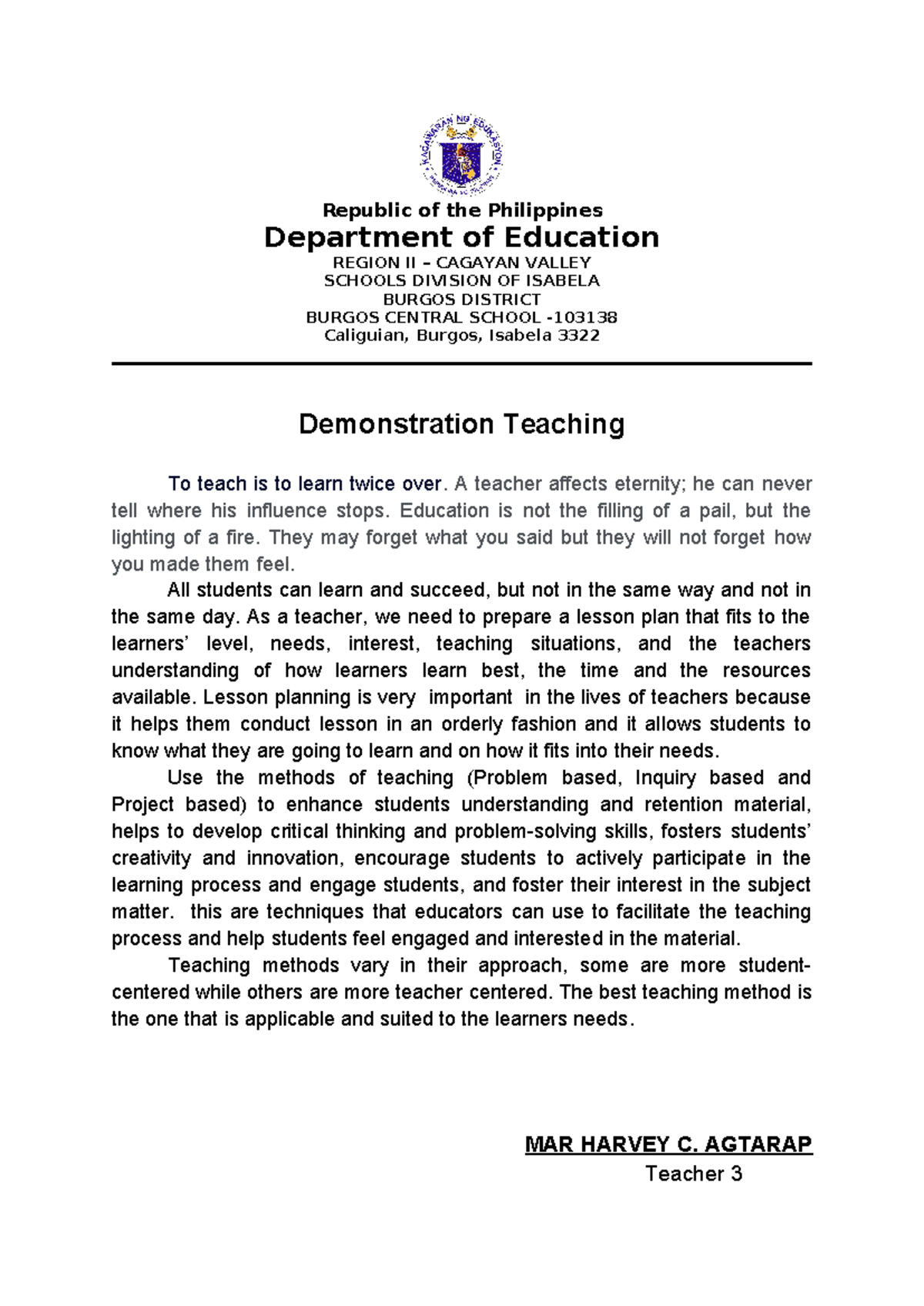 Demonstration teaching reflection - Republic of the Philippines ...