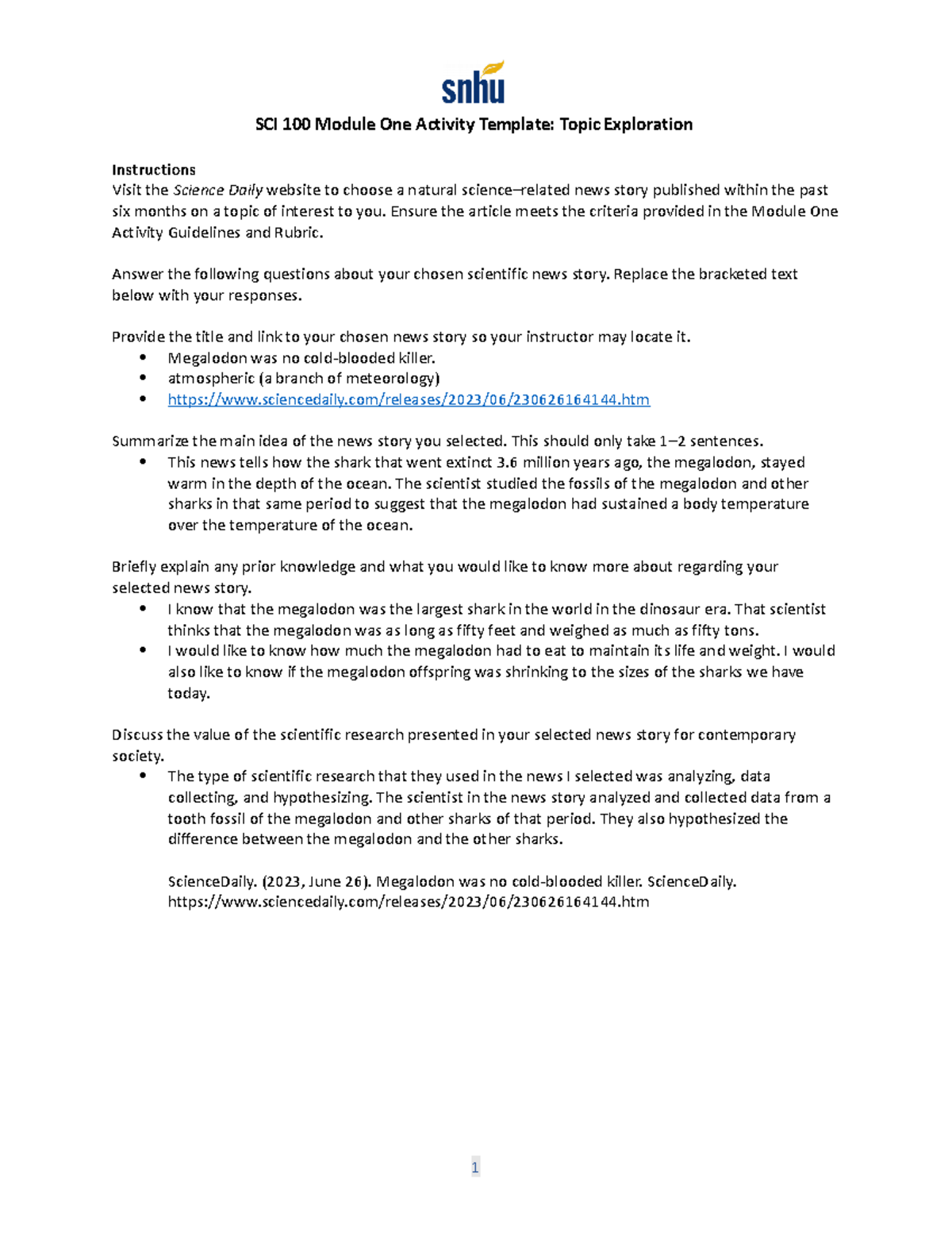 SCI 100 Module One Activity Template - Ensure the article meets the ...