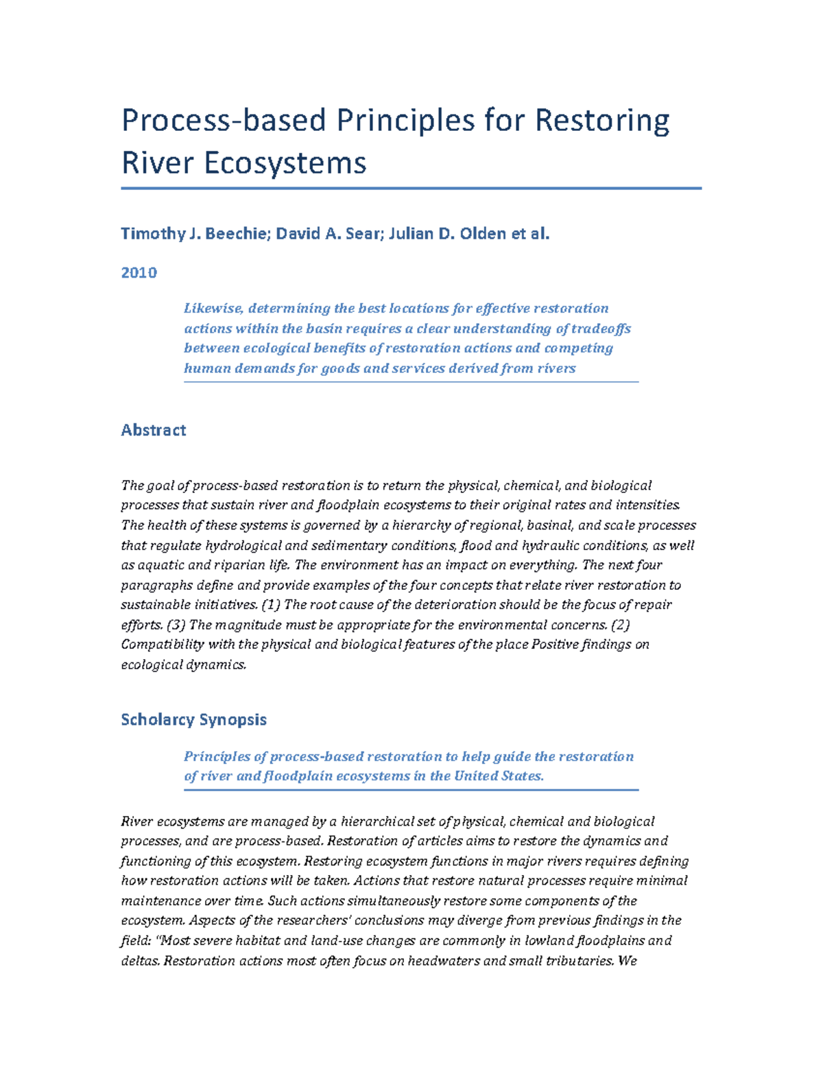 Beechie et al 2010 Restoring river ecosystems 2 - Process-based ...