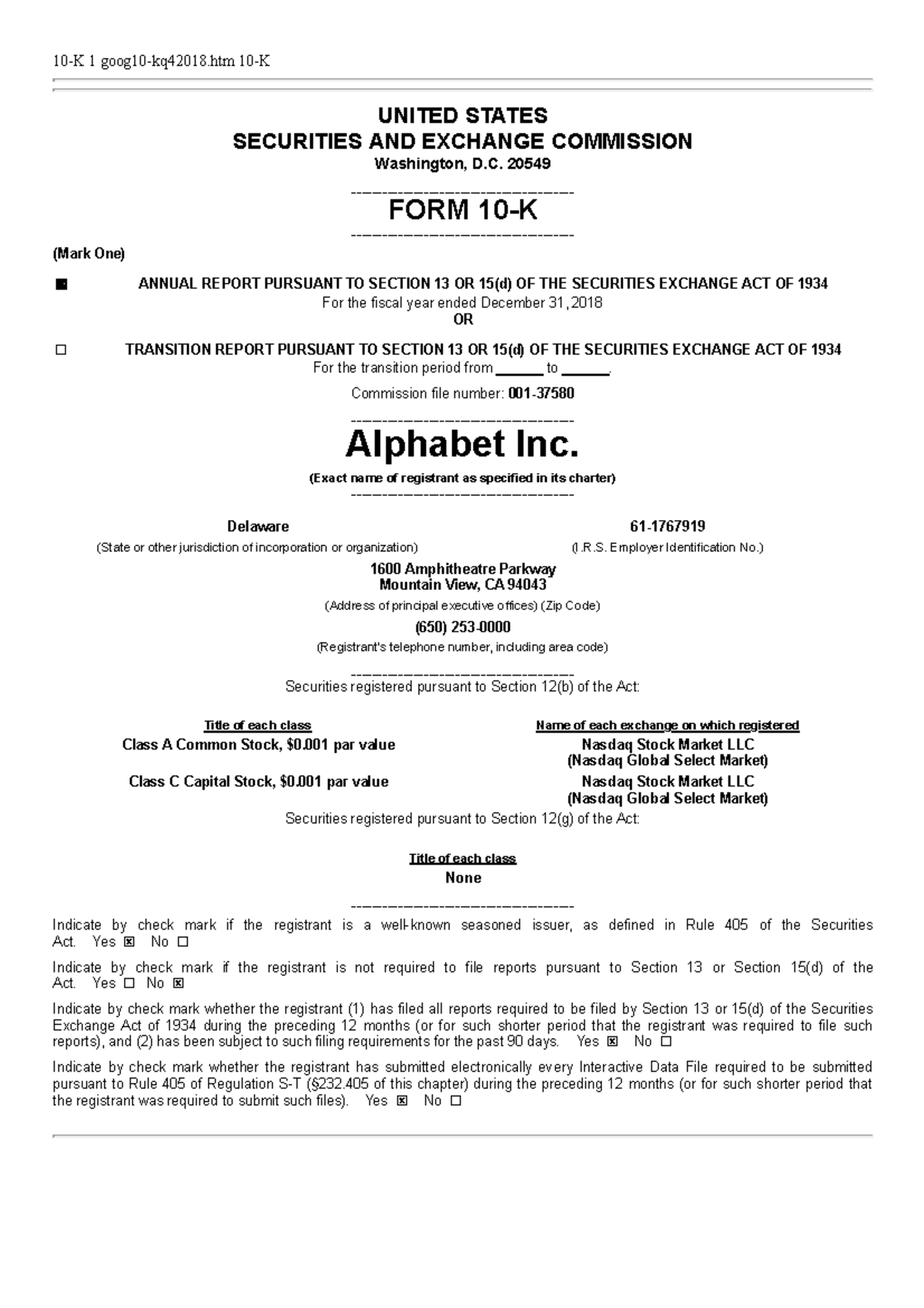 Google financial statements - 10-K 1 goog10-kq42018 10-K UNITED STATES ...