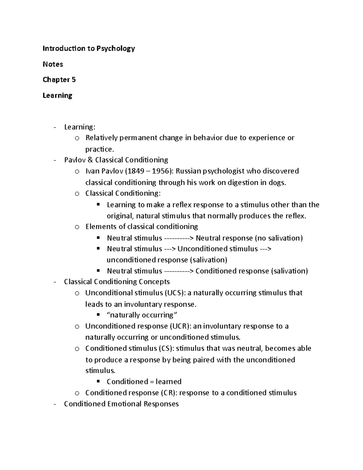 Intro TO Psych CH 5 - Introduction to Psychology Notes Chapter 5 ...