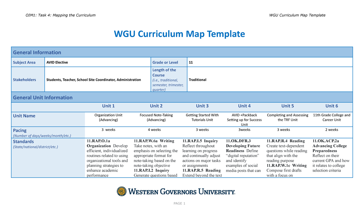 3rd attempt OIM1 Task 4 Mapping the Curriculum WGU Curriculum Map ...
