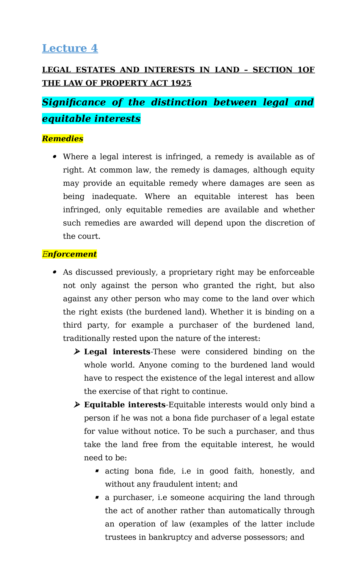 Lecture 4 - Law - Lecture 4 LEGAL ESTATES AND INTERESTS IN LAND ...