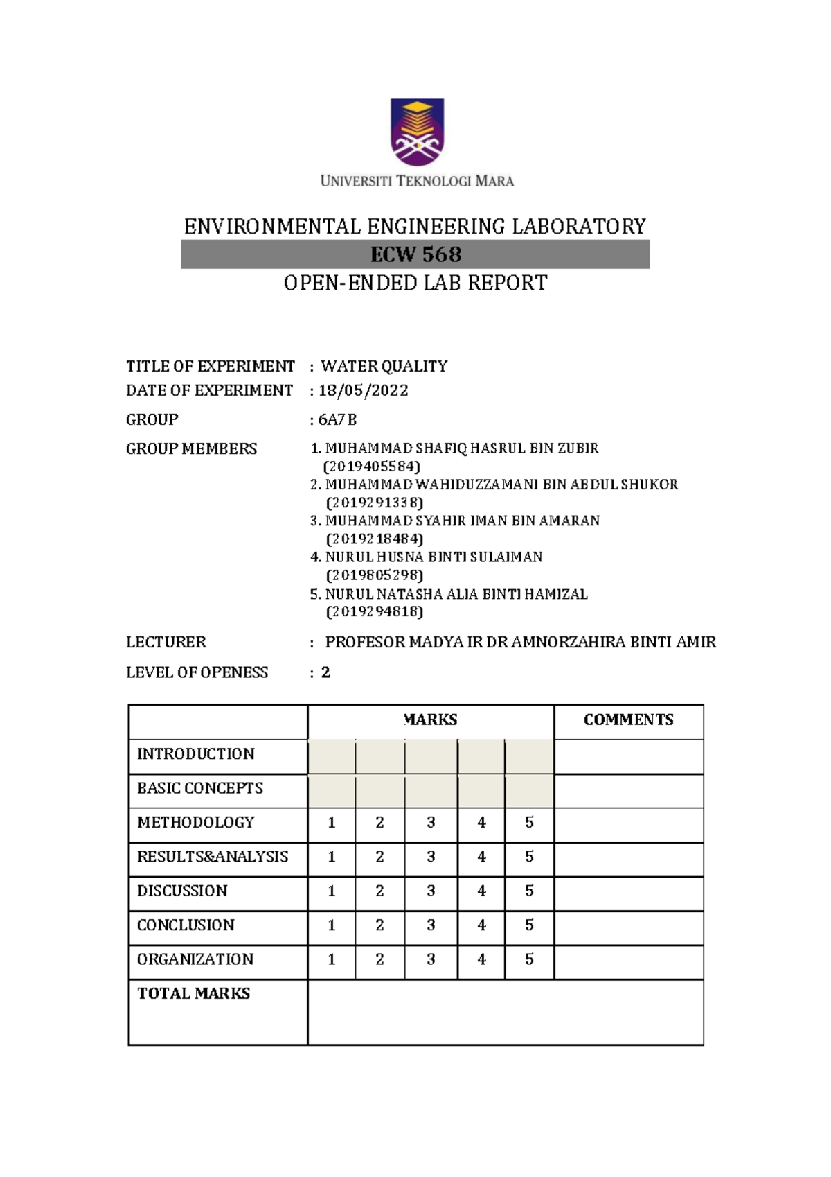 Water Quality LAB Report EC2206A7B ENVIRONMENTAL ENGINEERING