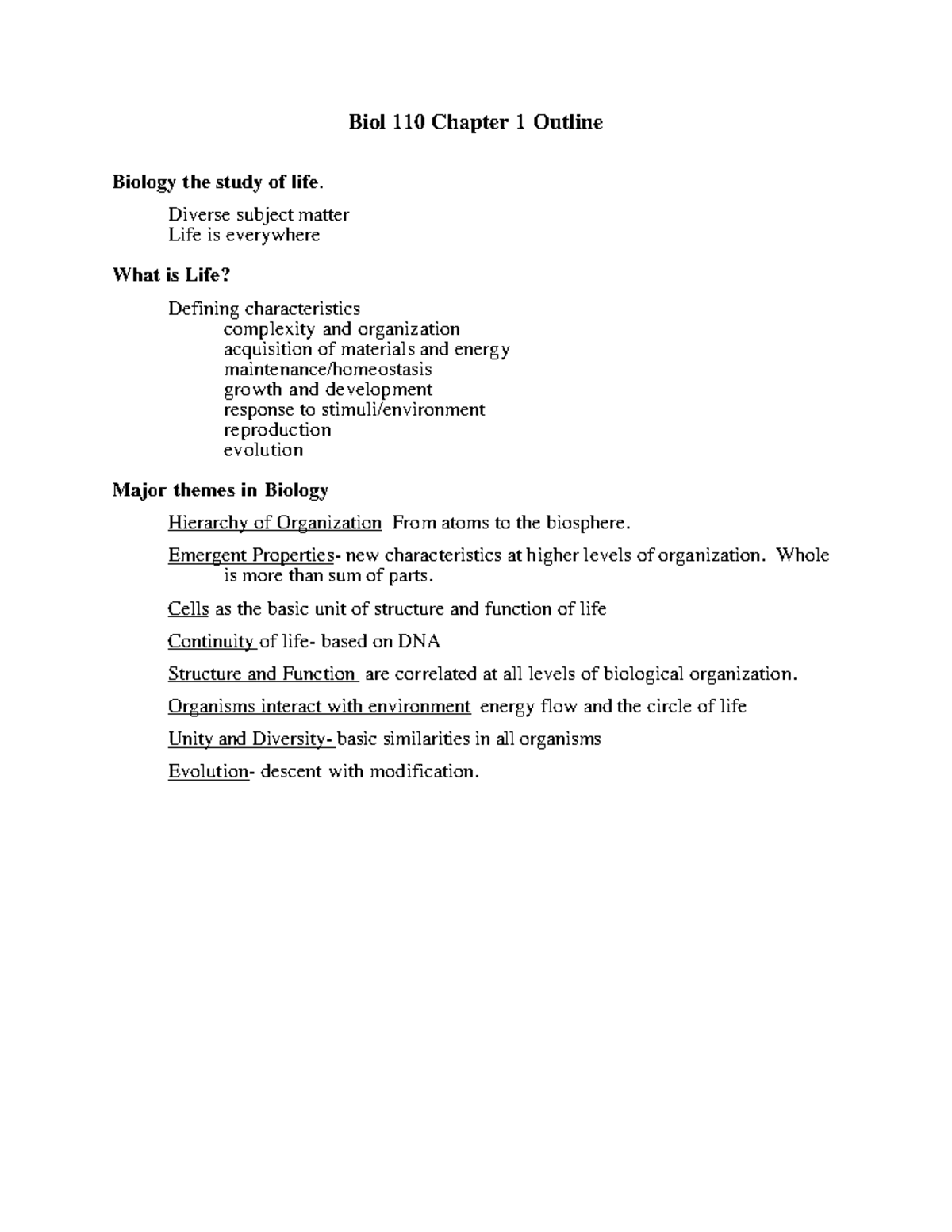 Chapter 01 02 outline - it help you to understent. - Biol 110 Chapter 1 ...