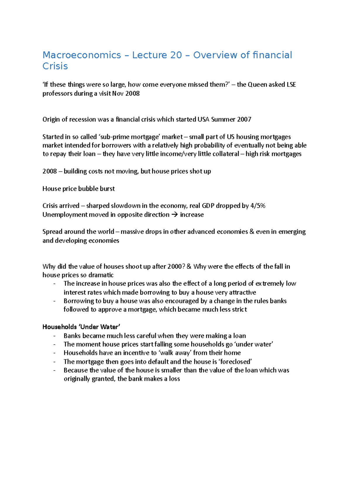 Lecture 20 – Overview of financial Crisis - Macroeconomics – Lecture 20 ...