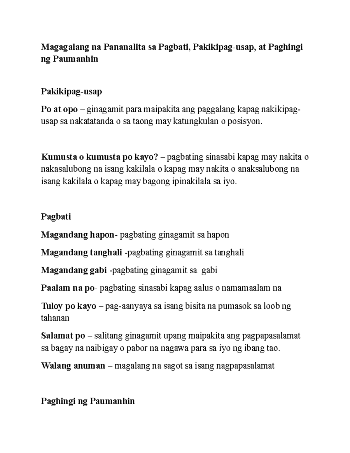 Magagalang na Pananalita Reviewer - Magagalang na Pananalita sa Pagbati ...