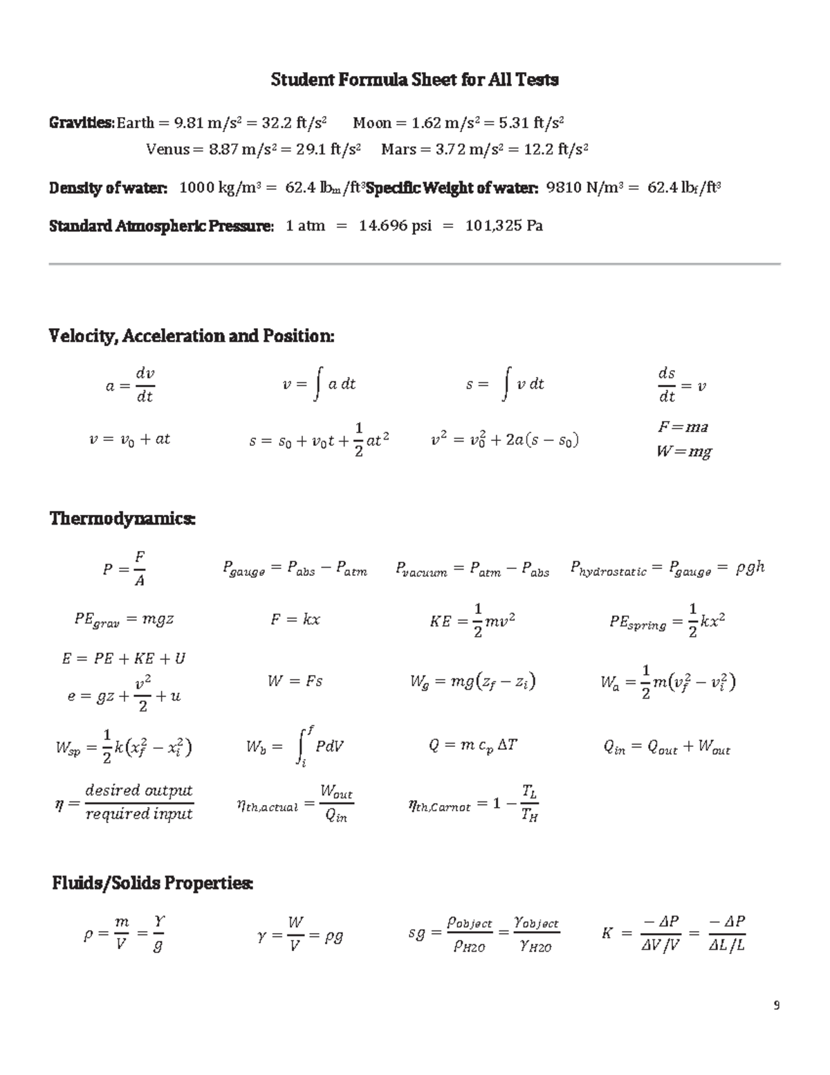 Equation Sheet - engr unit conversion - 9 SStudent Formula Sheet for ...