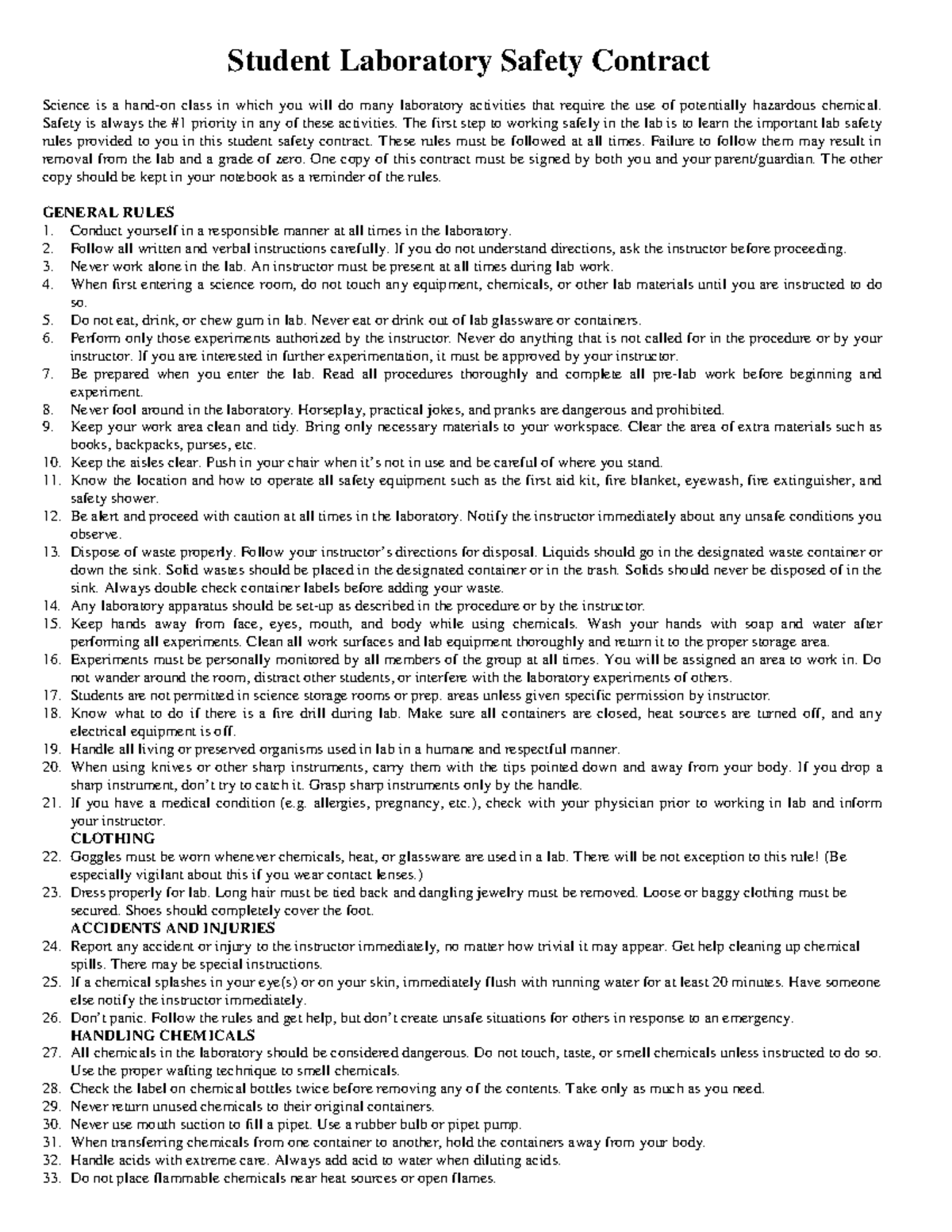 Lab Safety Contract - Student Laboratory Safety Contract Science is a ...