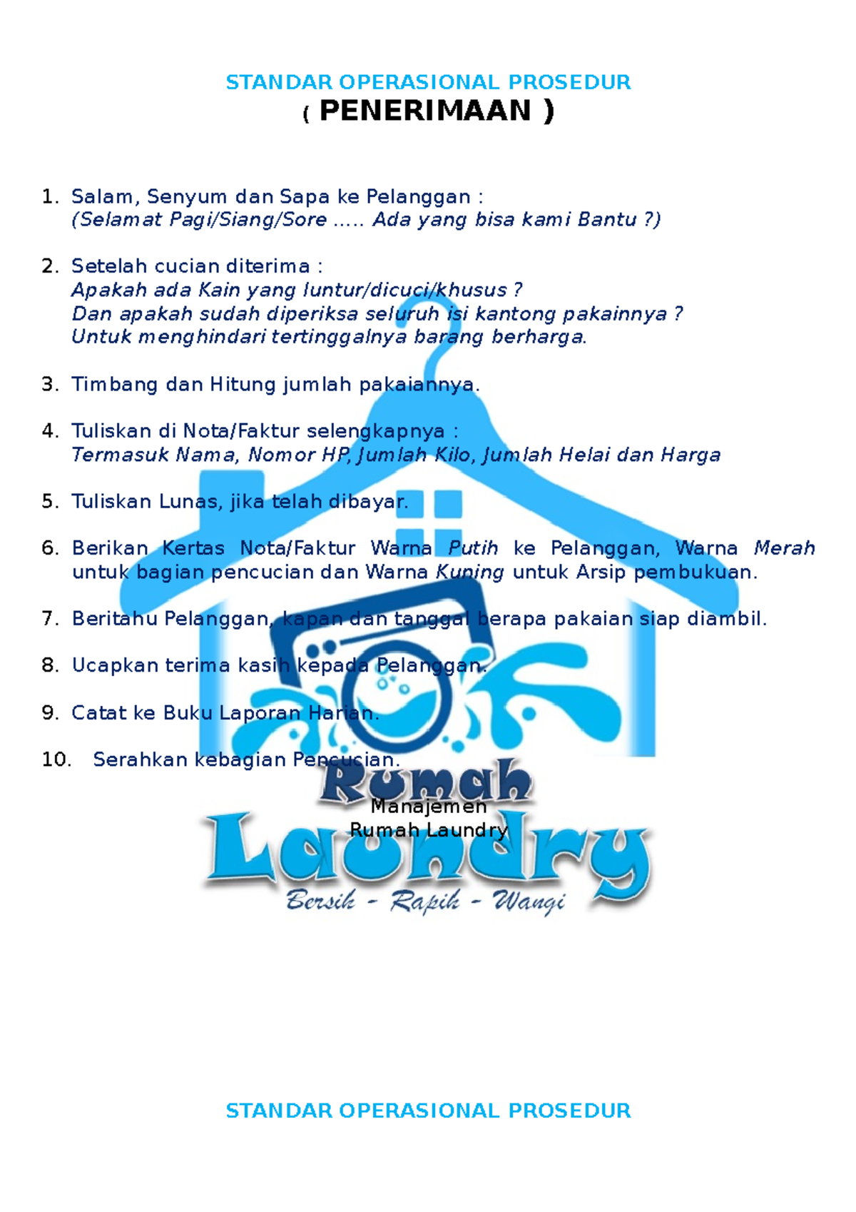 SOP Laundry - Ever - STANDAR OPERASIONAL PROSEDUR ( PENERIMAAN ) Salam ...