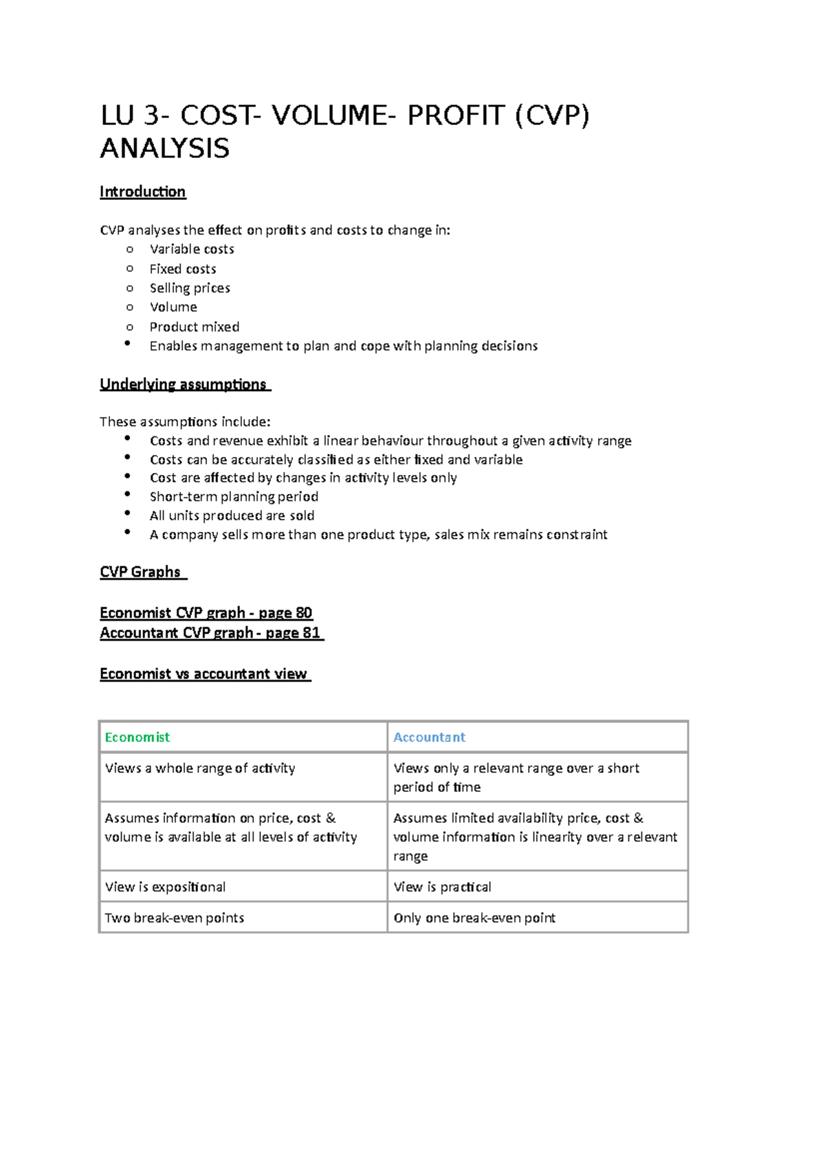 LU 3 - CVP analysis - LU3 - LU 3- COST- VOLUME- PROFIT (CVP) ANALYSIS Introduction CVP analyses ...