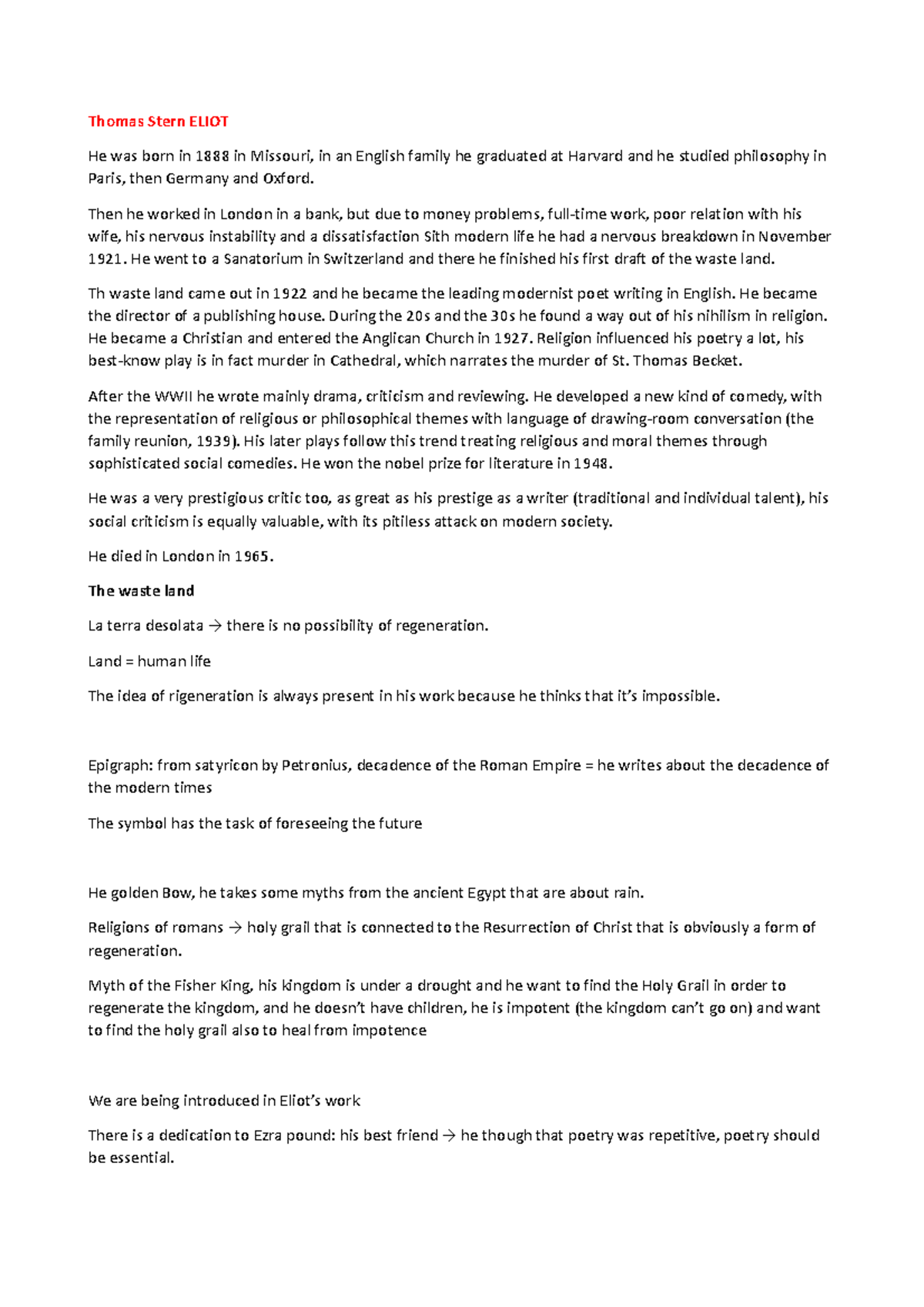 Thomas Stern Eliot - vari - Thomas Stern ELIOT He was born in 1888 in ...