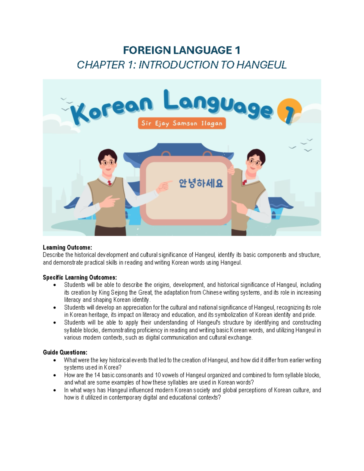 Chapter 1 - Introduction to Hangeul - FOREIGN LANGUAGE 1 CHAPTER 1 ...