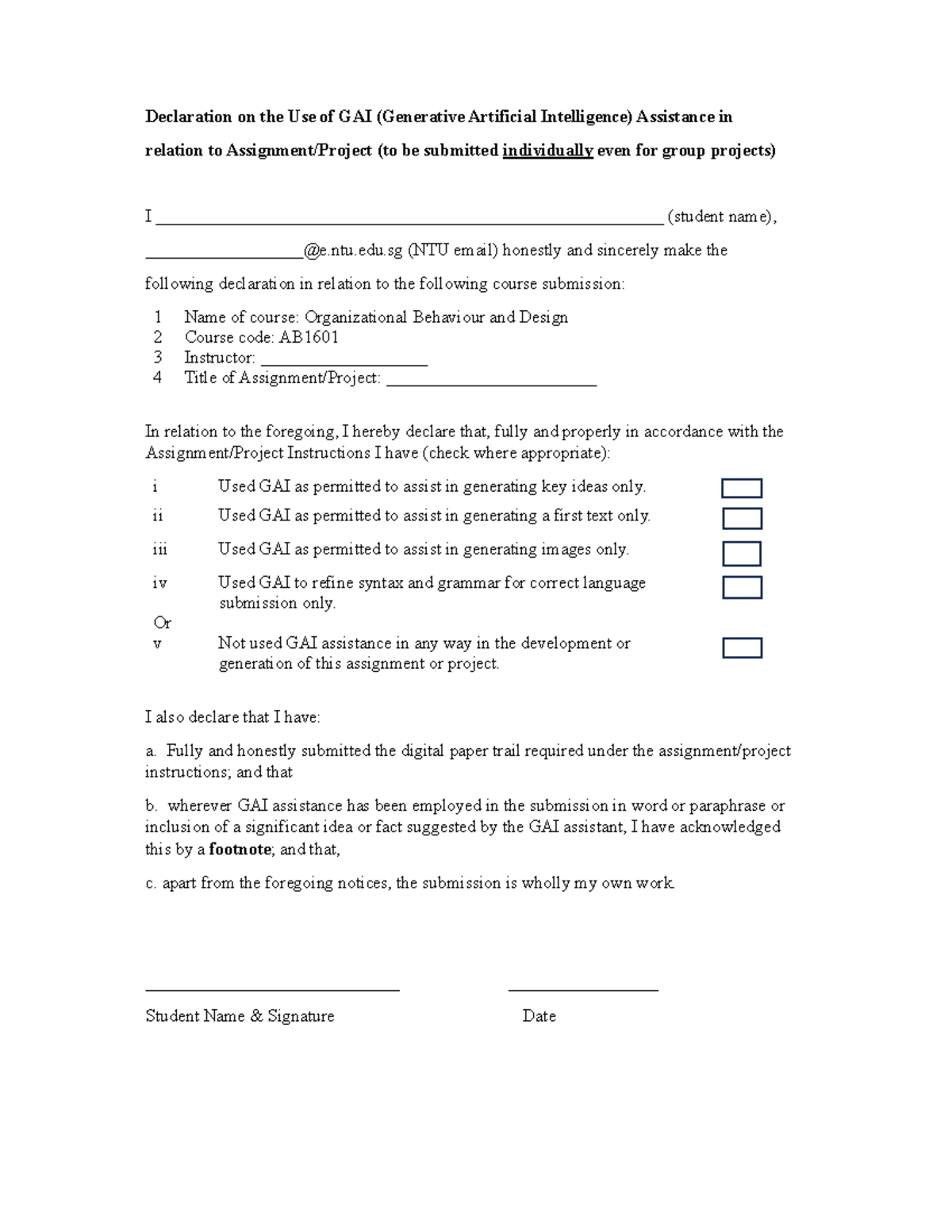 Declaration on Use of GAI - Declaration on the Use of GAI (Generative ...
