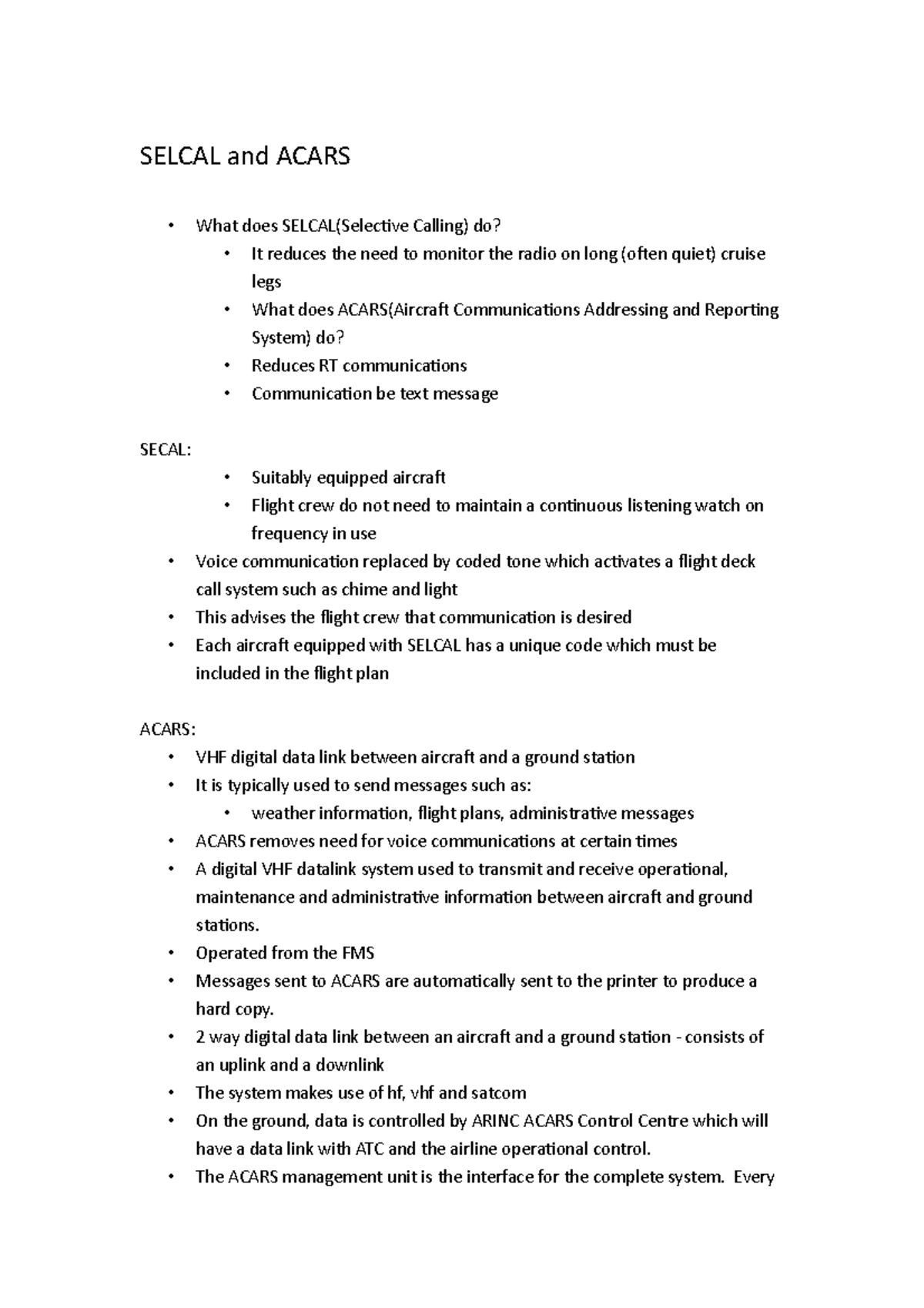 Selcal and Acars - Notes for the subject - SELCAL and ACARS What does ...