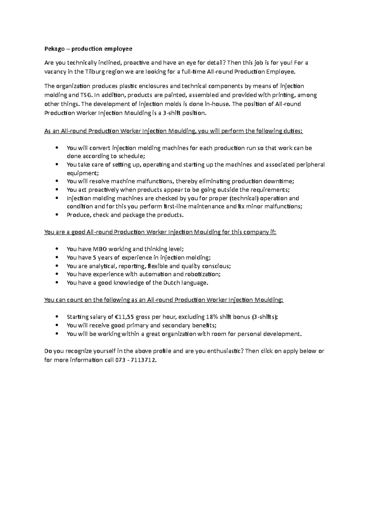 EJEMPLO DE OFERTA - Pekago – production employee Are you technically ...