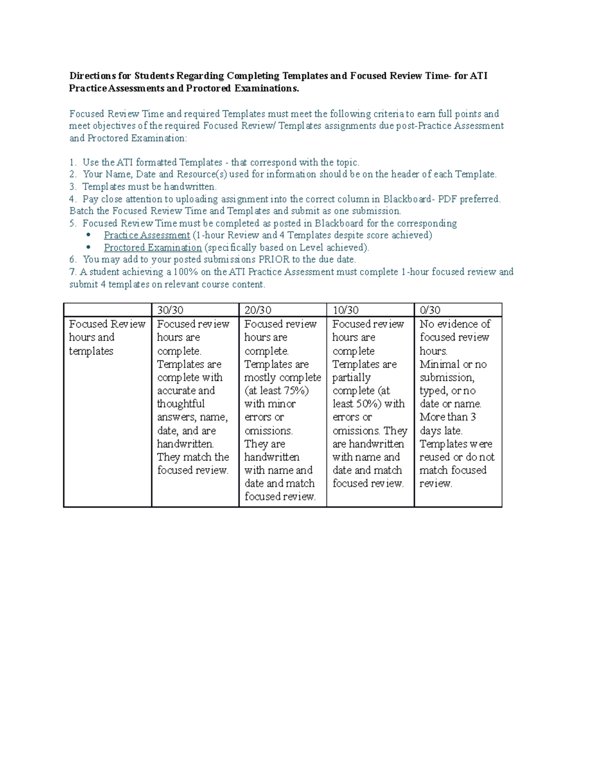 N307 Focused Review and Templates Rubric - Directions for Students ...