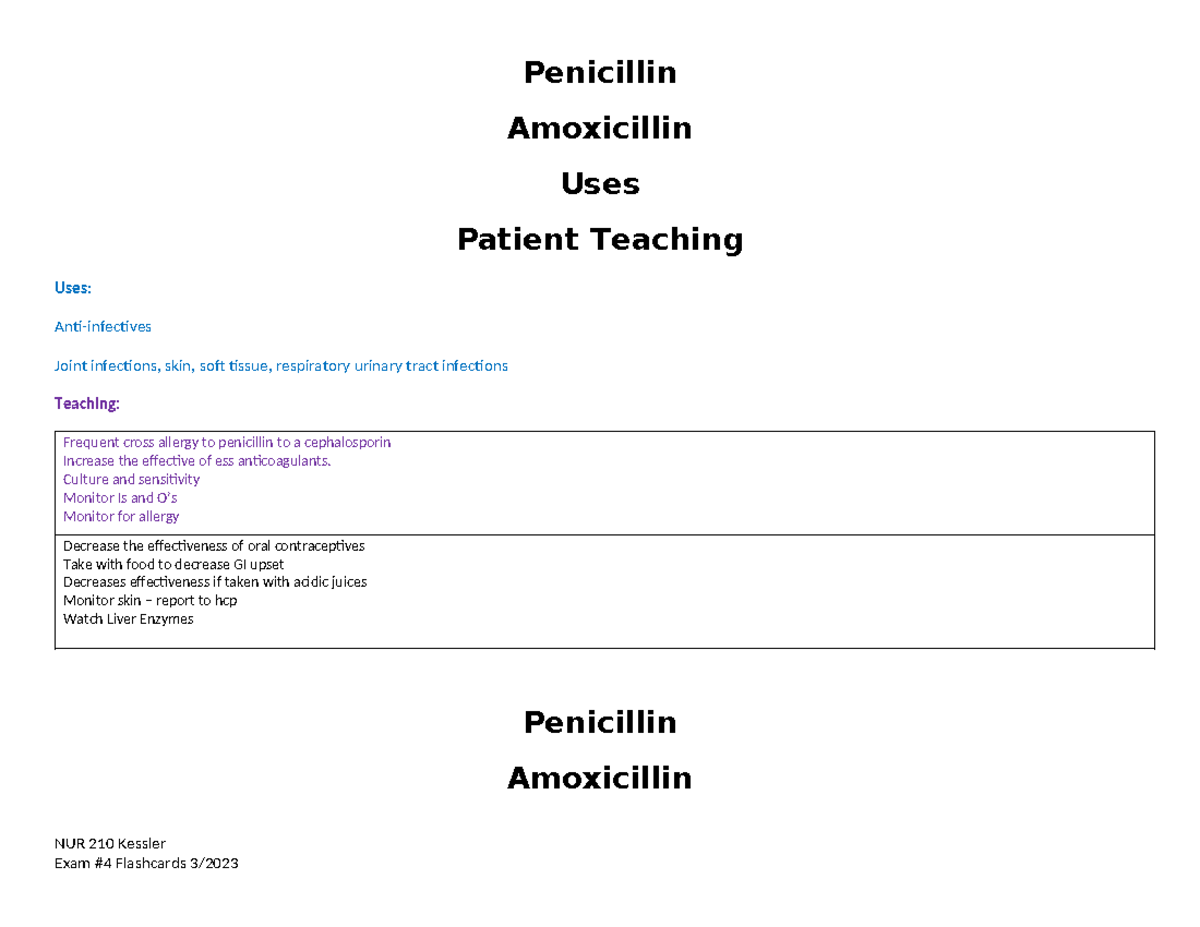 Exam 4 Pharm Cards - Penicillin Amoxicillin Uses Patient Teaching Uses ...
