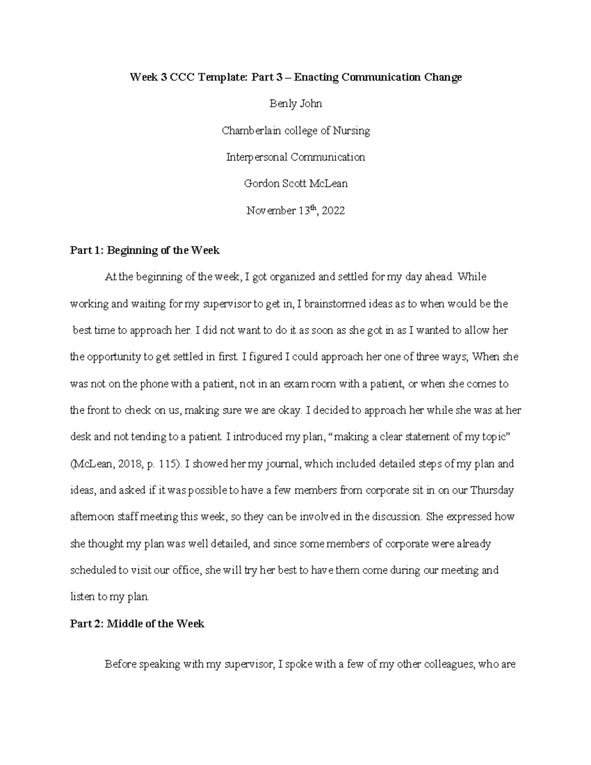 Week 3 ccc - Assignment - Week 3 CCC Template: Part 3 3 Enacting ...