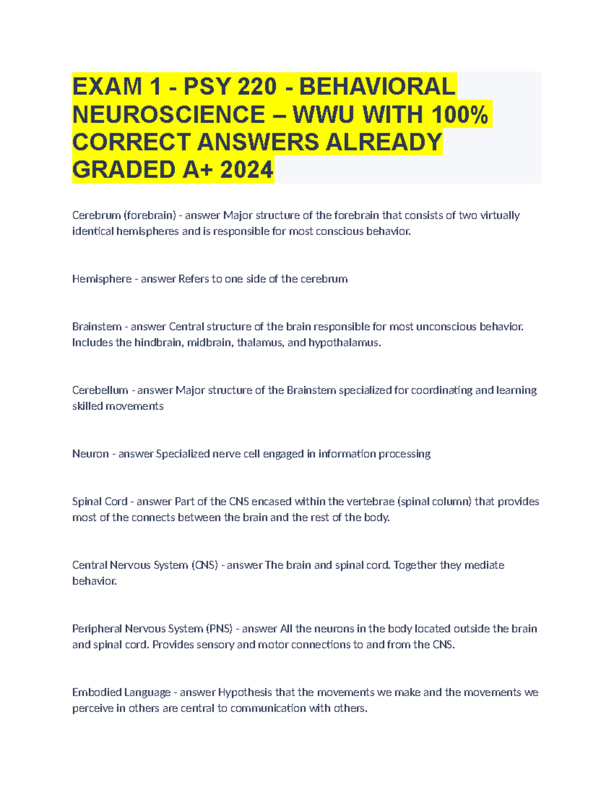 EXAM 1 - PSY 220 - Behavioral Neuroscience – WWU WITH 100% Correct ...