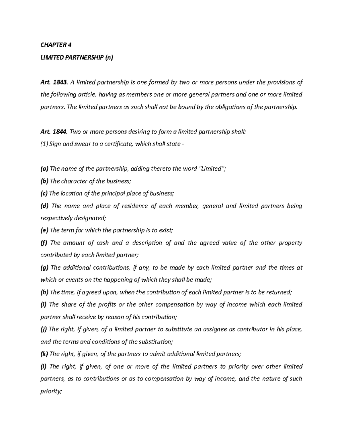 LAW ON Partnership Lecture Notes 15 - CHAPTER 4 LIMITED PARTNERSHIP (n ...