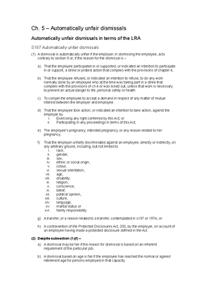 Chapter 9 - notes - CHAPTER 9: AUTOMATICALLY UNFAIR DISMISSALS 1 ...