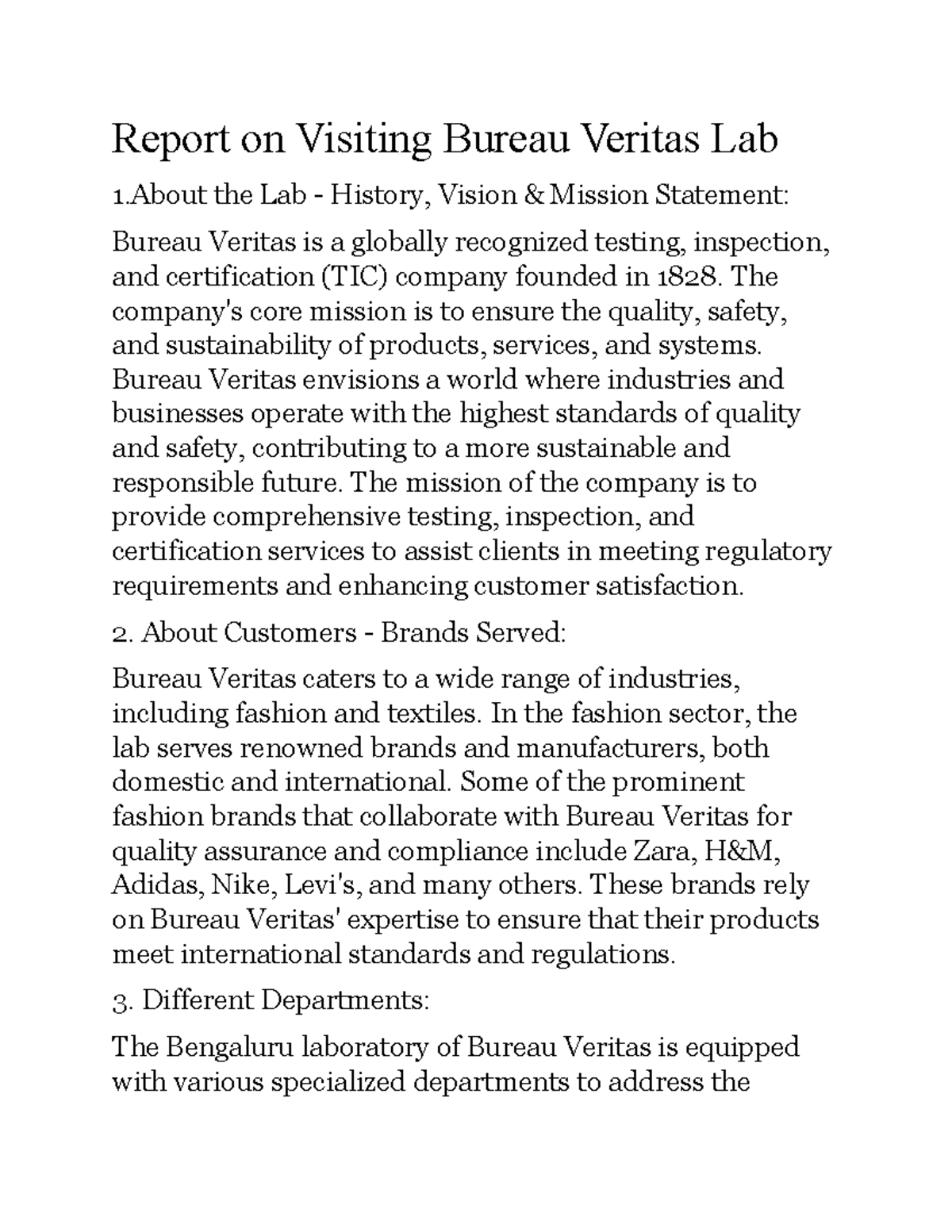 Report on Visiting Bureau Veritas Lab - The company's core mission is ...