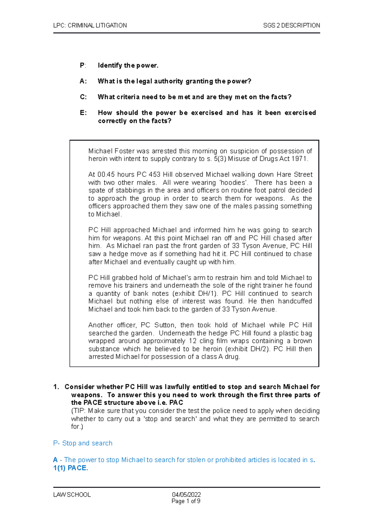 SGS 2 Questions - P: Identify the power. A: What is the legal authority ...