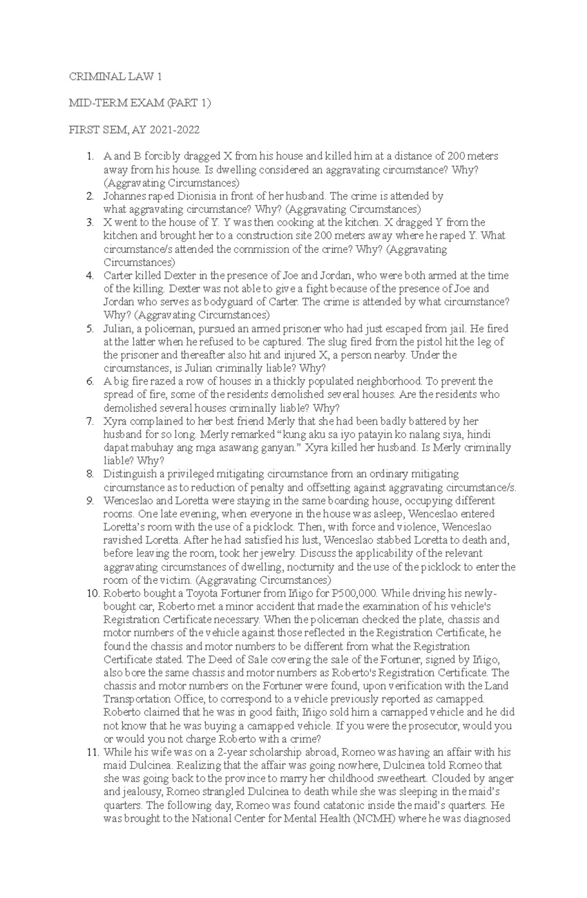 Crimlaw Exam Part 1 - This is a midterm examination for the subject ...