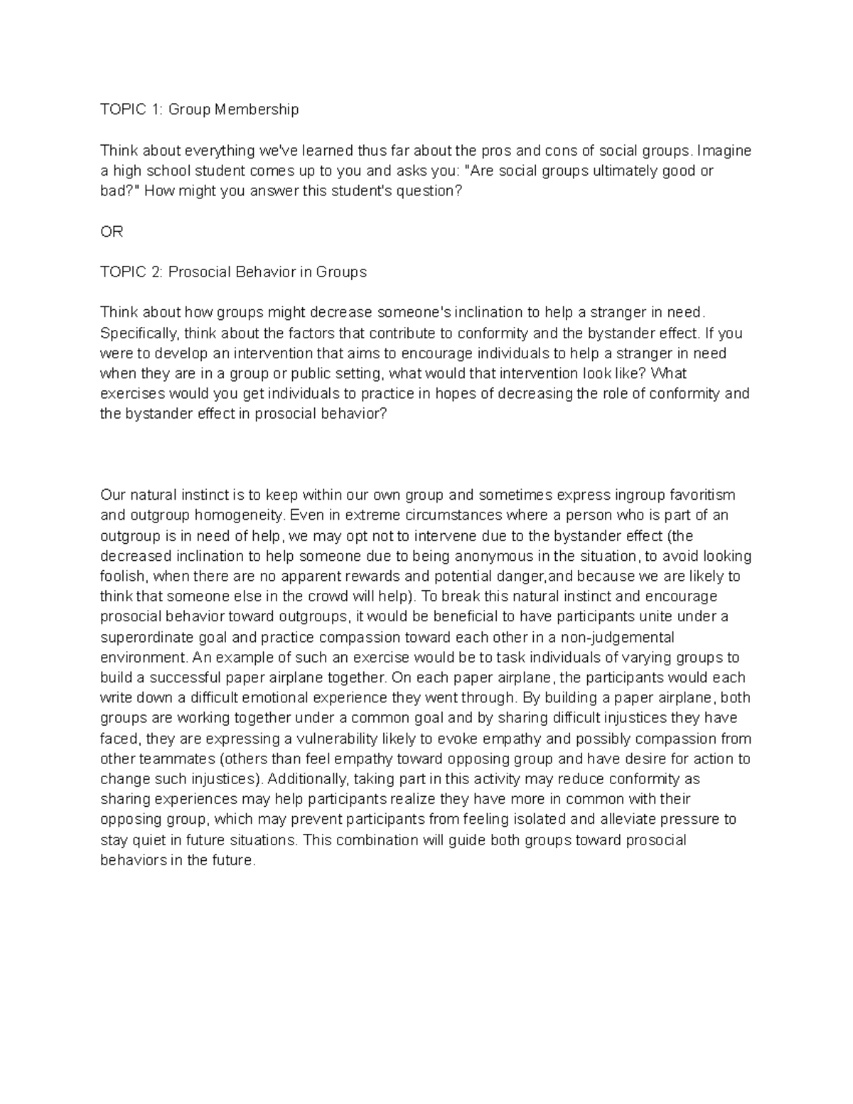 Psychology 9C Message Board Posts - TOPIC 1: Group Membership Think ...