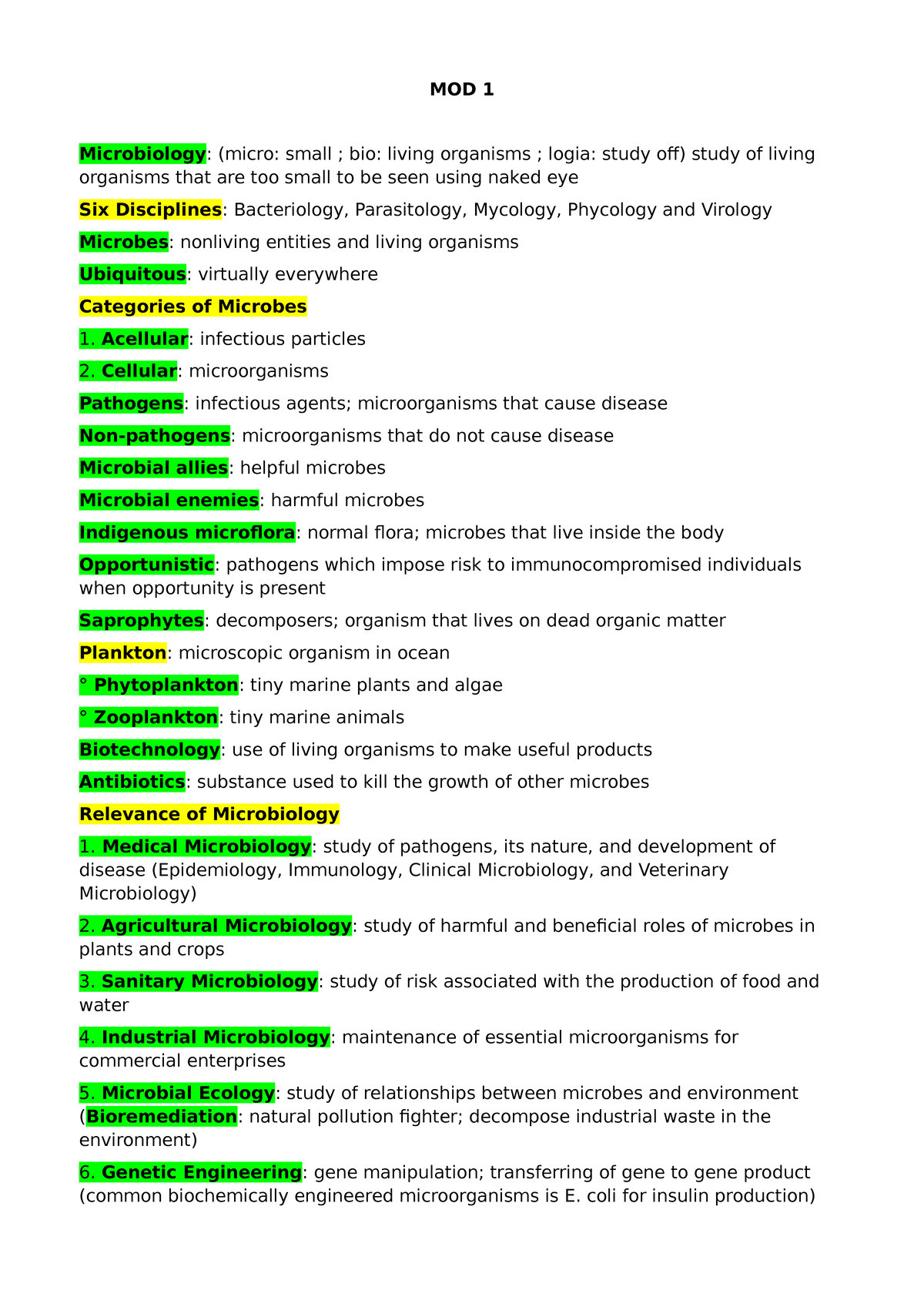Microbiology - Lec notes - MOD 1 Microbiology: (micro: small ; bio ...