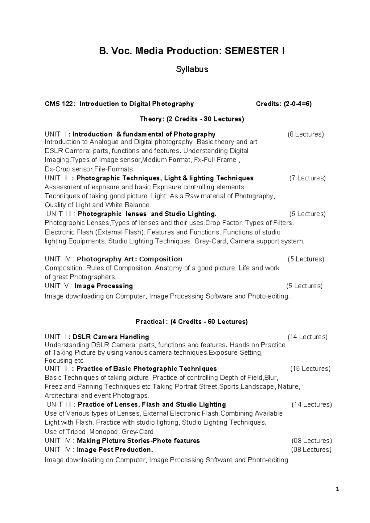 B.Voc. MP. Sem I Digital Photography Course Unite wise 2021 - B. Voc ...