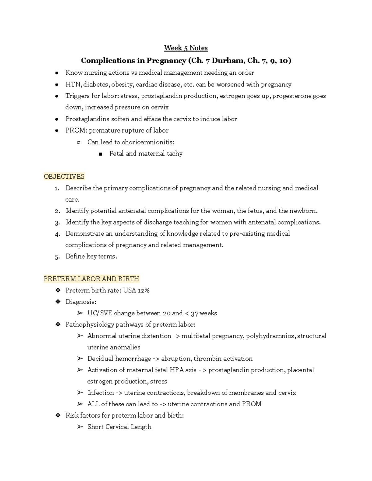 N306 Week 5 Notes - Week 5 Notes Complications in Pregnancy (Ch. 7 ...