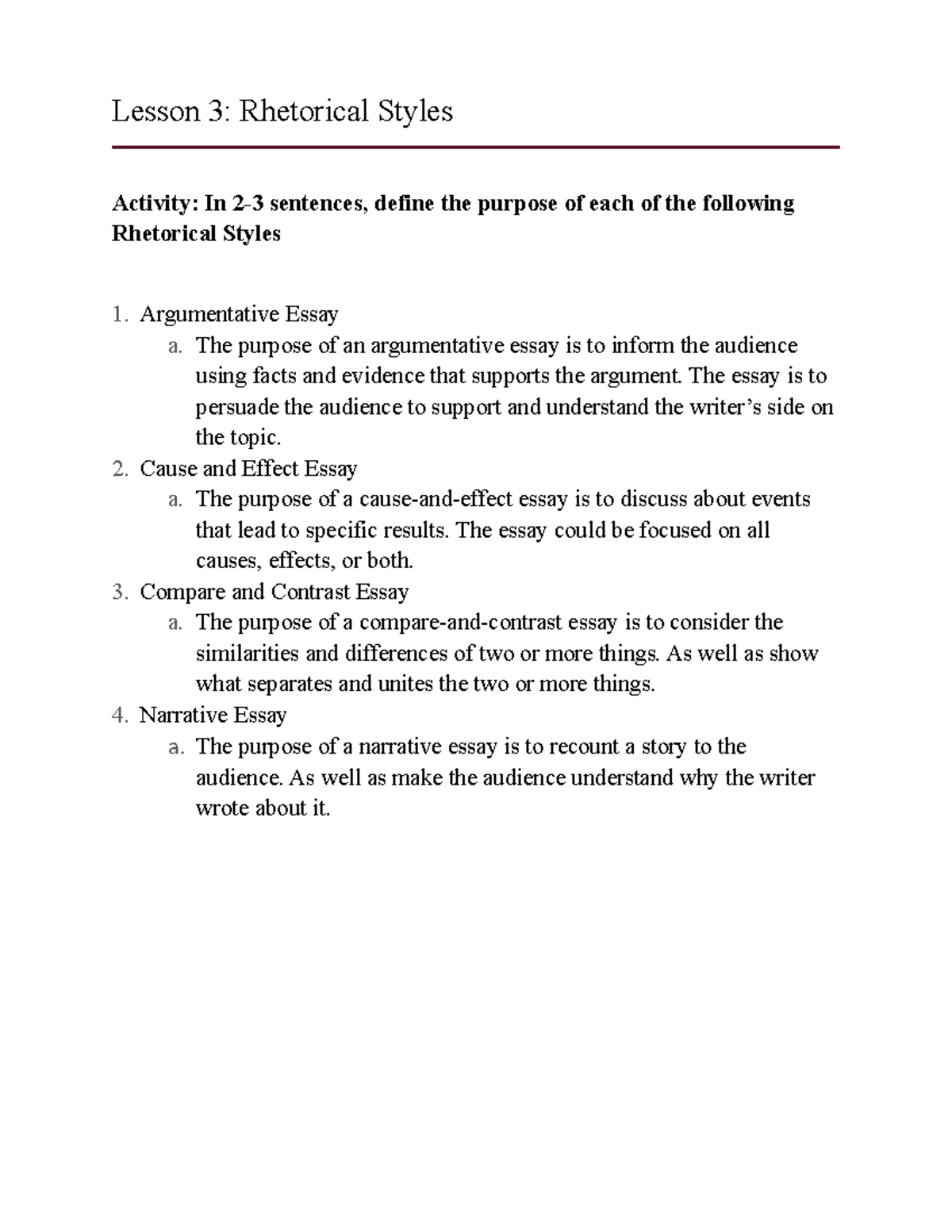 Lesson 3 Rhetorical Styles - Lesson 3: Rhetorical Styles Activity: In 2 ...