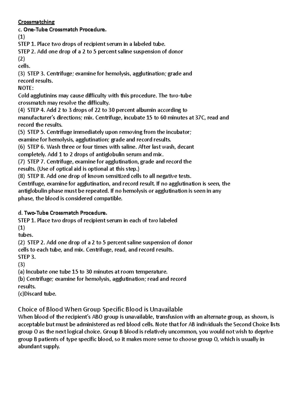 Crossmatching - One-Tube Crossmatch Procedure. (1) STEP 1. Place two ...