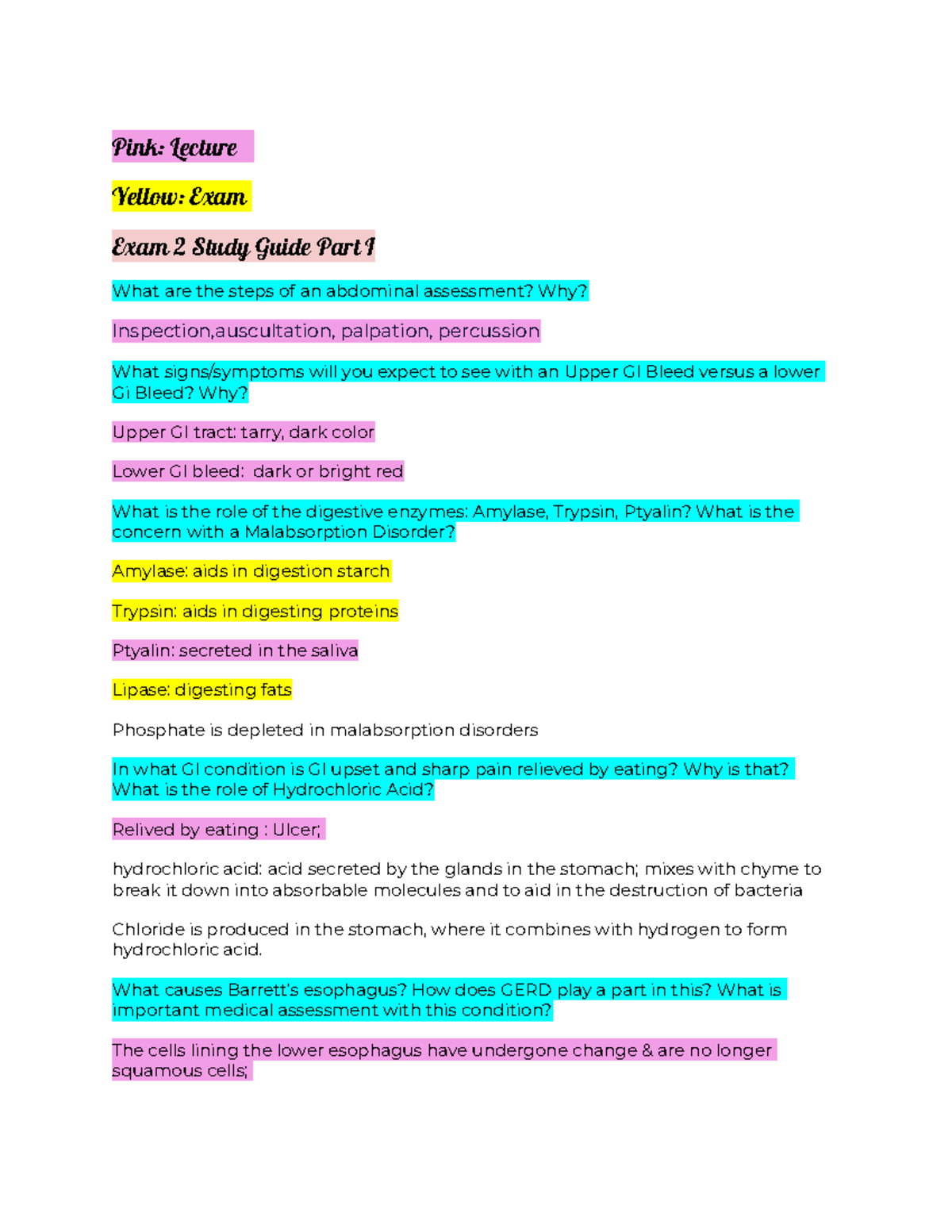 EXAM 2 N3416 Study Guide - Pink: Lecture Yellow: Exam Exam 2 Study ...