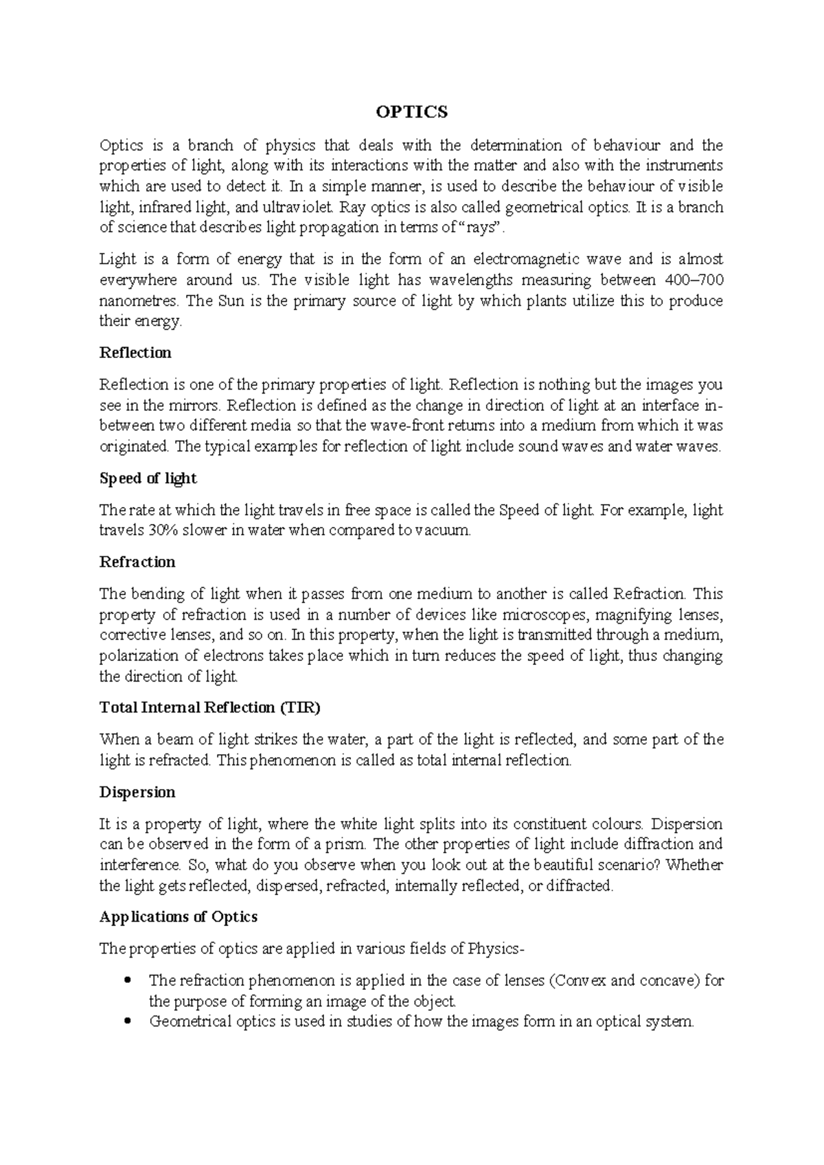 Optics - Medical physics as open elective - OPTICS Optics is a branch ...