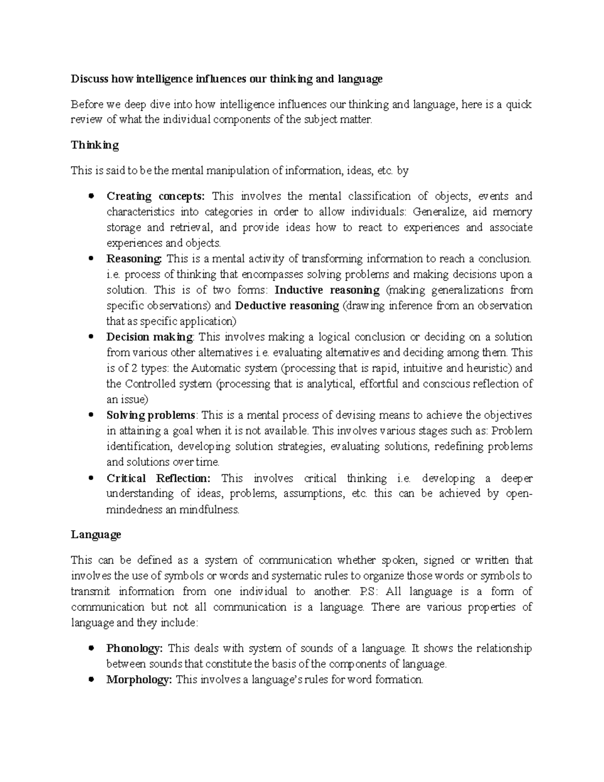 Discuss how intelligence influences our thinking and language ...