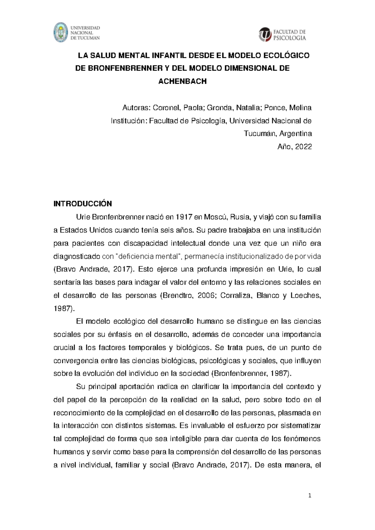 Ficha Piunt Modelo Ecológico - LA SALUD MENTAL INFANTIL DESDE EL MODELO ...