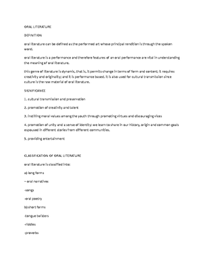 ORAL Literature Notes - INTRODUCTION TO ORAL NARRATIVES An oral ...