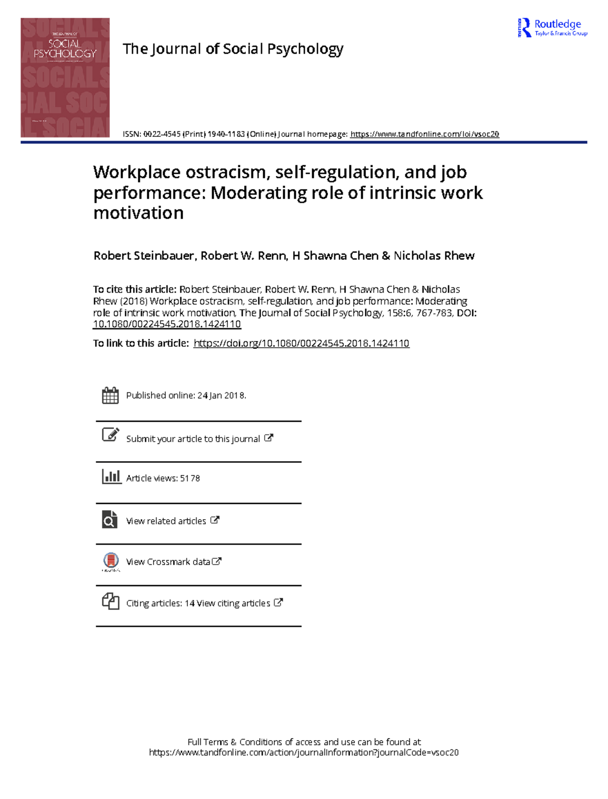 Workplace ostracism self regulation and job performance Moderating role ...
