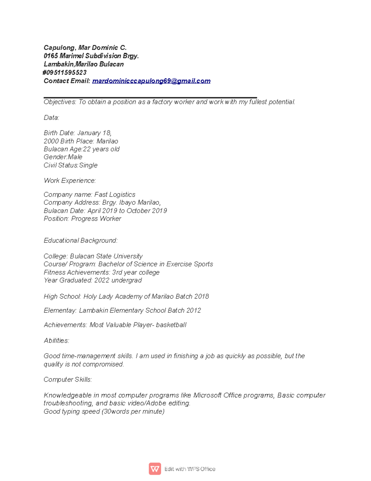 Mardominic Resume - sfdsfsfsffasfasfsaf - **_Capulong, Mar Dominic C ...