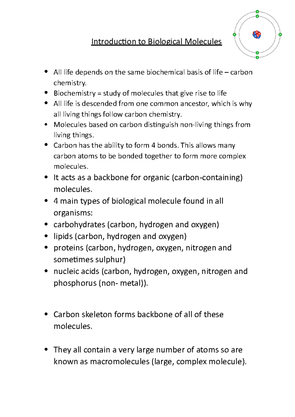1.1 - Introduction to Biological Molecules A Level Lecture Notes ...