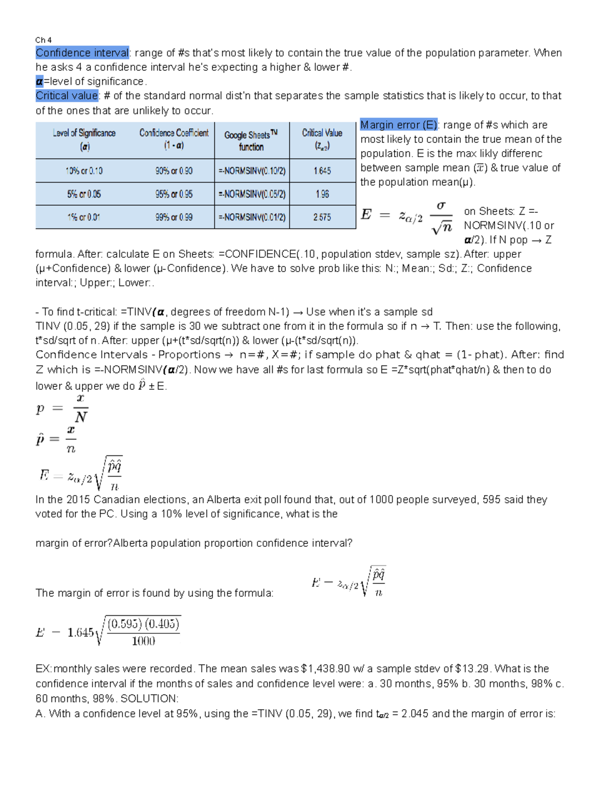 Midterm Cheat Sheet - Ch 4 Confidence interval: range of #s that’s most ...
