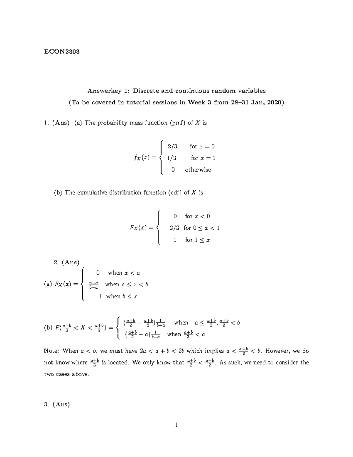 Answerkey 1 2020 For Tutorial 1 For Intro To Econometrics Econ